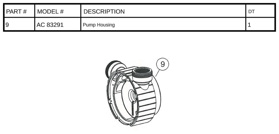 Replacement Part AC 83291 - Pump Housing | Charlie's Wholesale